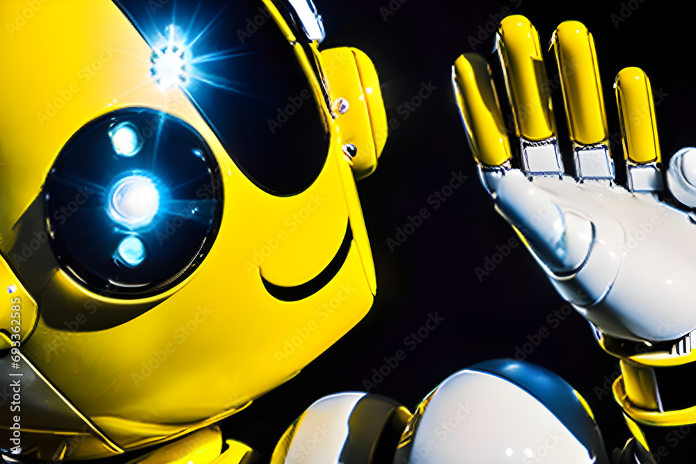 Yellow cute robot raising hand to greet human on transparent background ...