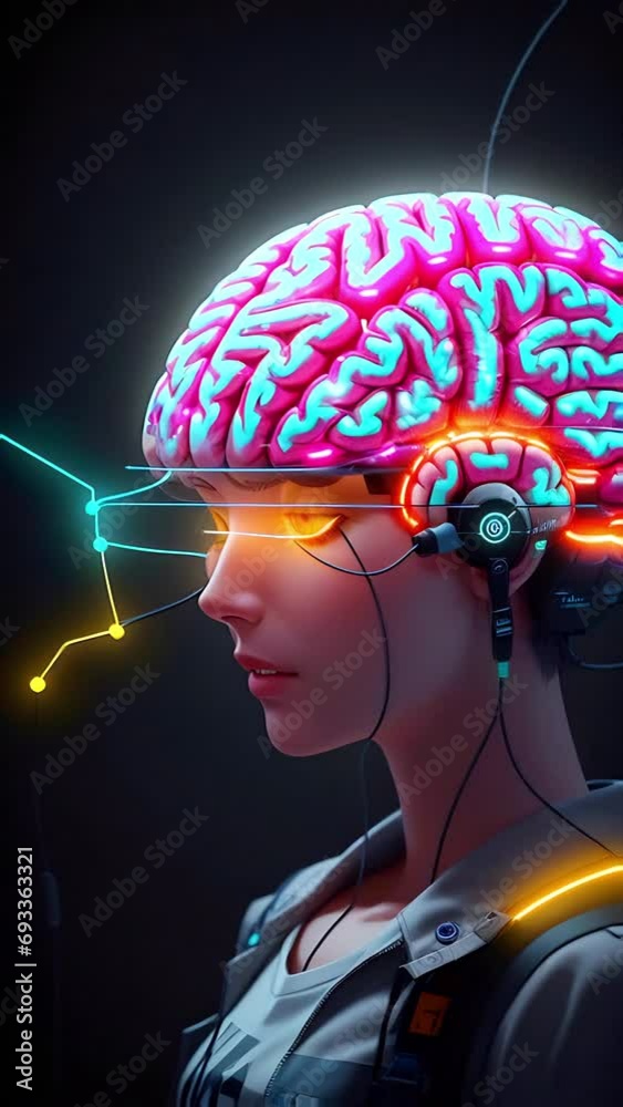 Side profile of female humanoid with a brain illuminated in vibrant ... Side profile of female humanoid with a brain illuminated in vibrant ...