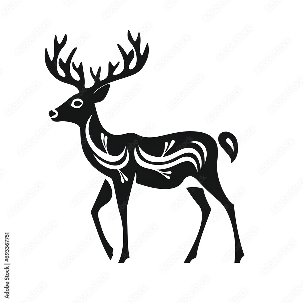 Hand drawn reindeer silhouette black and white graphic illustration ...