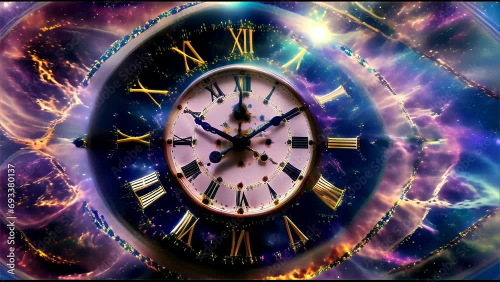 a classic clock superimposed on a cosmic background. The artwork ...