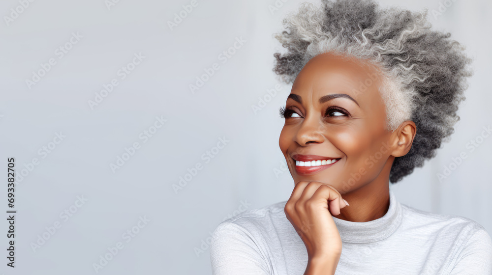 Beautiful adult black woman touch face with smooth healthy skin. Aging ...