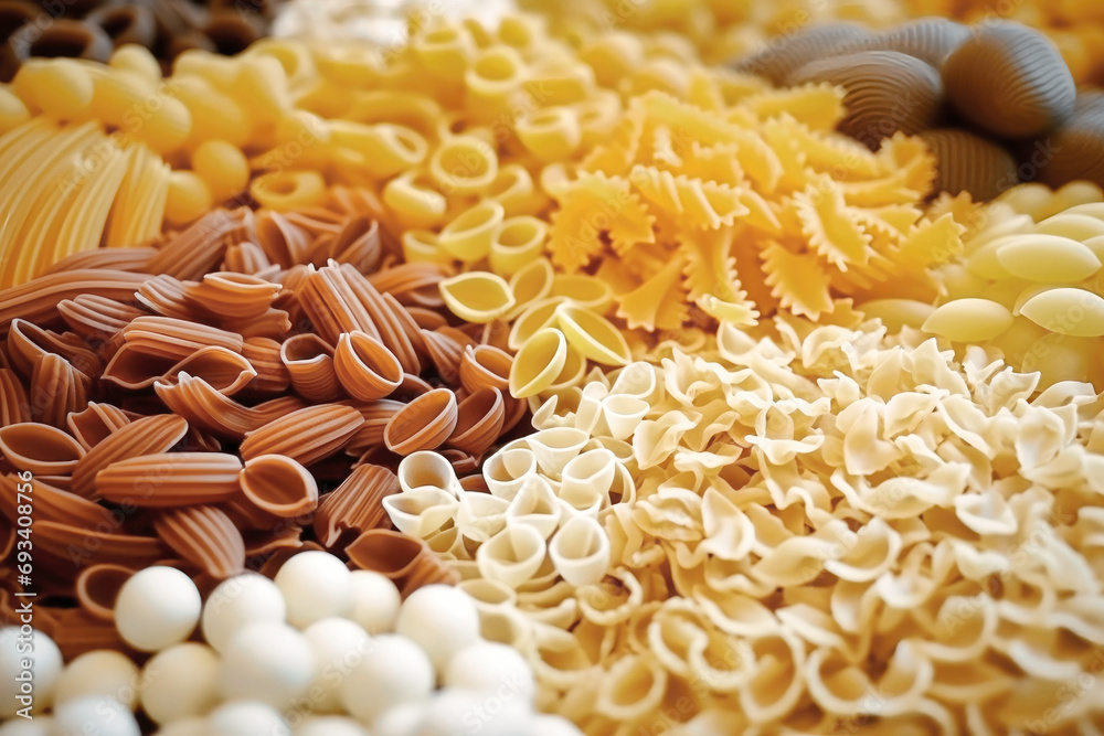 Still life with many different types of pasta. Pasta made from durum ...