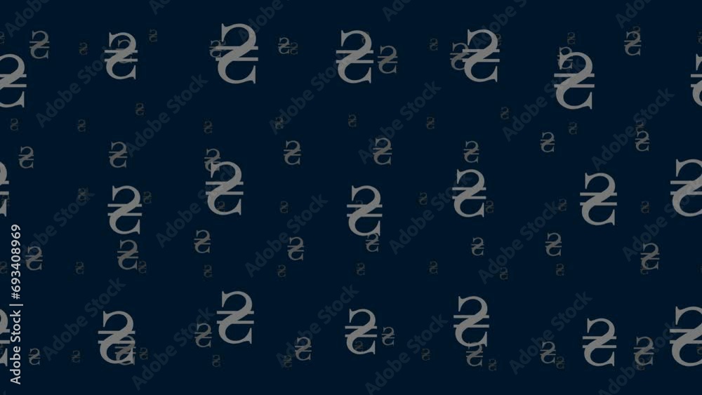 Hryvnia symbols float horizontally from left to right. Parallax fly effect. Floating symbols are ...