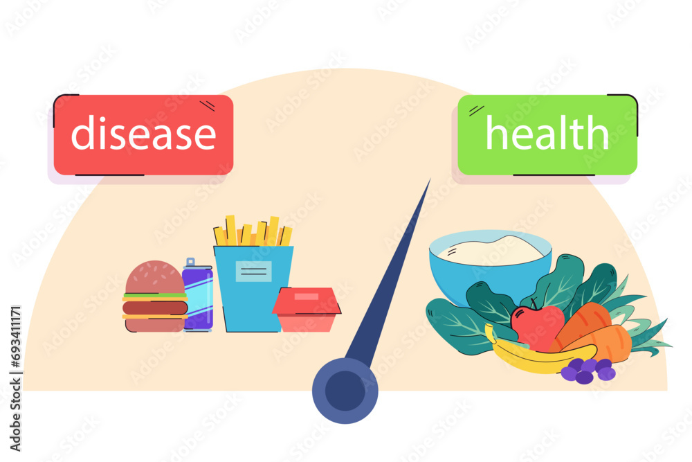 Fast food versus healthy vegetables and fruits. Vector illustration ...