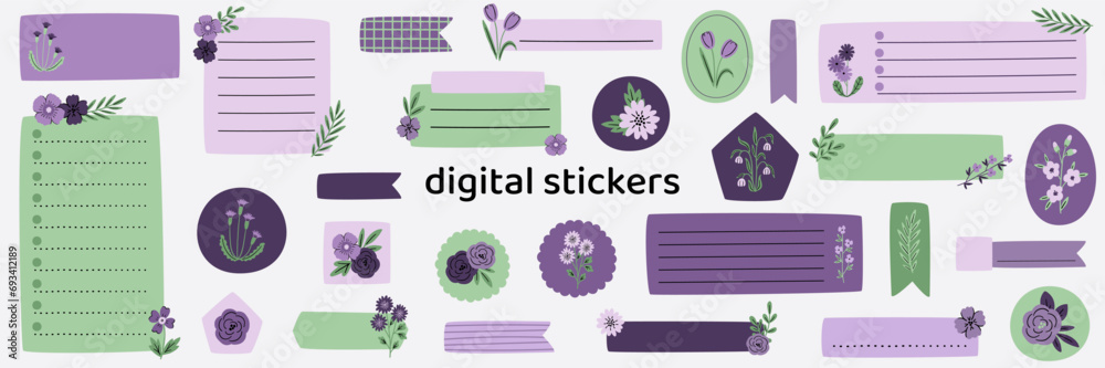 Vetor de Blank floral digital stickers. Spring stickers. Digital note ...