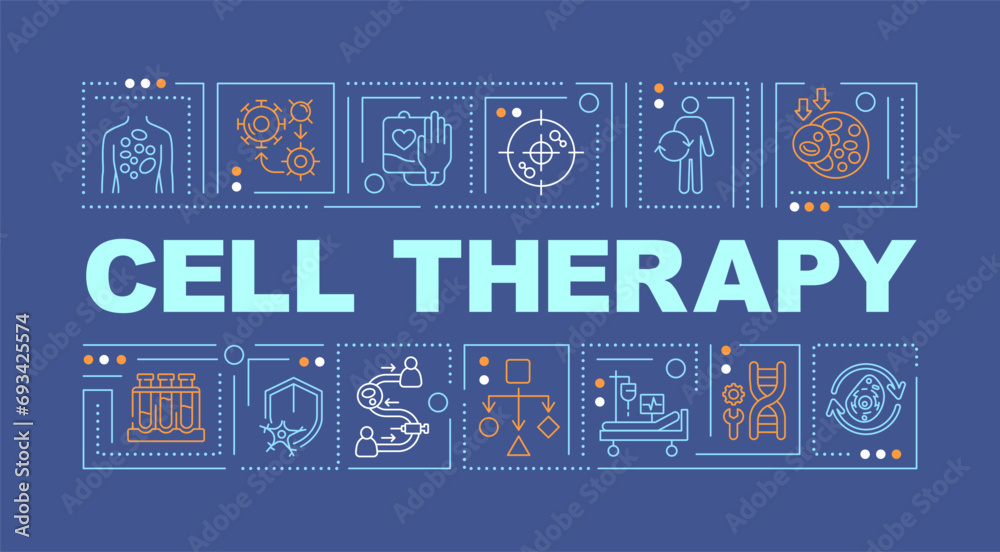 2D cell therapy text with various thin line icons concept on dark blue ...