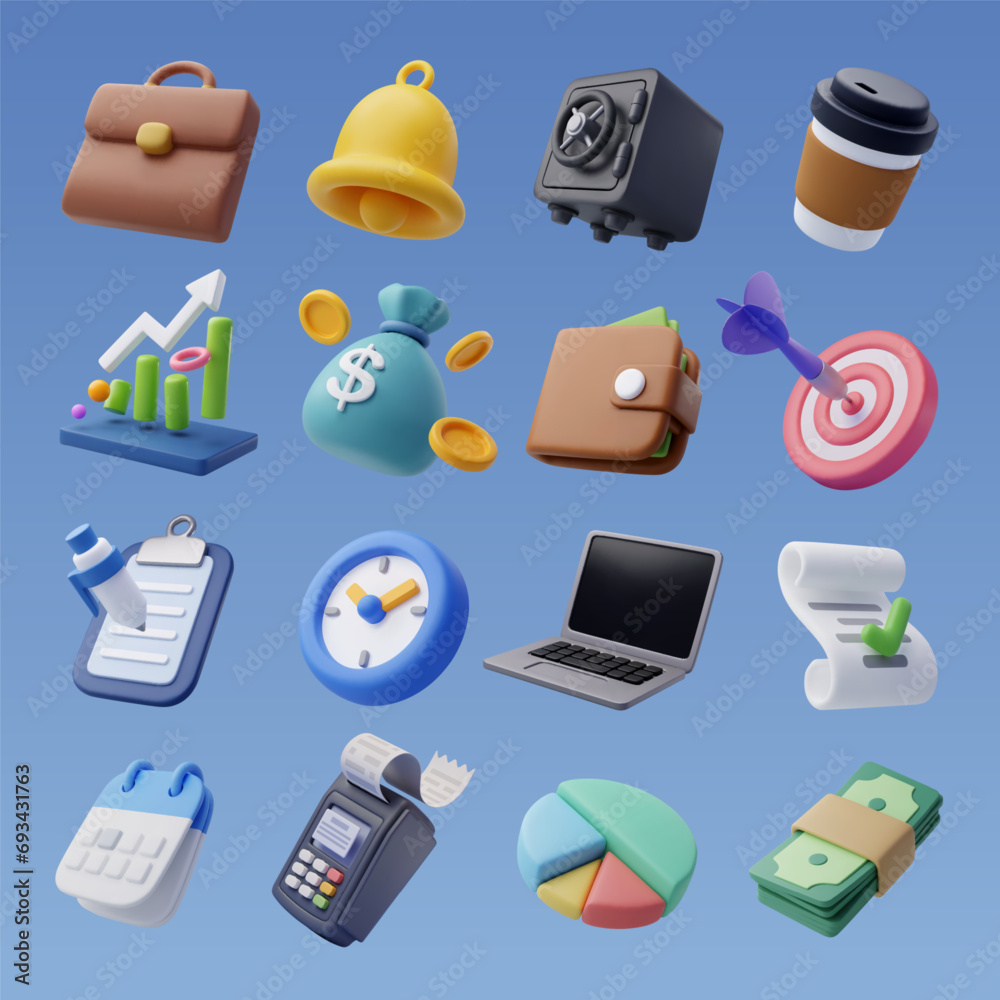 Set of 3d office icon, Business and finance concept. Stock Vector ...