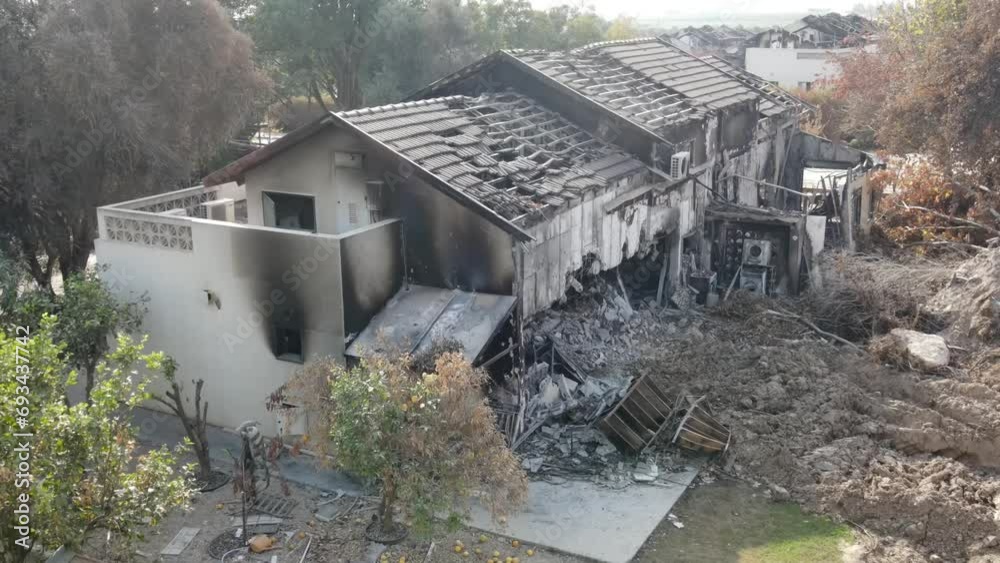 kibbutz Beeri burnt house after attack from Gaza, Aerial The kibbutz of ...
