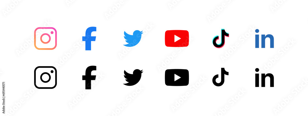 Social media logos icons. Instagram, Facebook, Twitter X, YouTube, Tik Tok, Linkedin logos ...