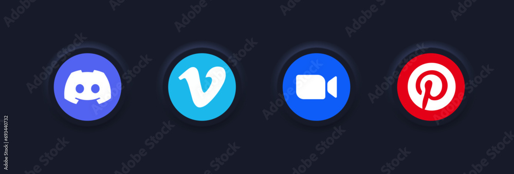 Social media logos icons. Discord, Vimeo, Zoom, Pinterest logos. Dark ...