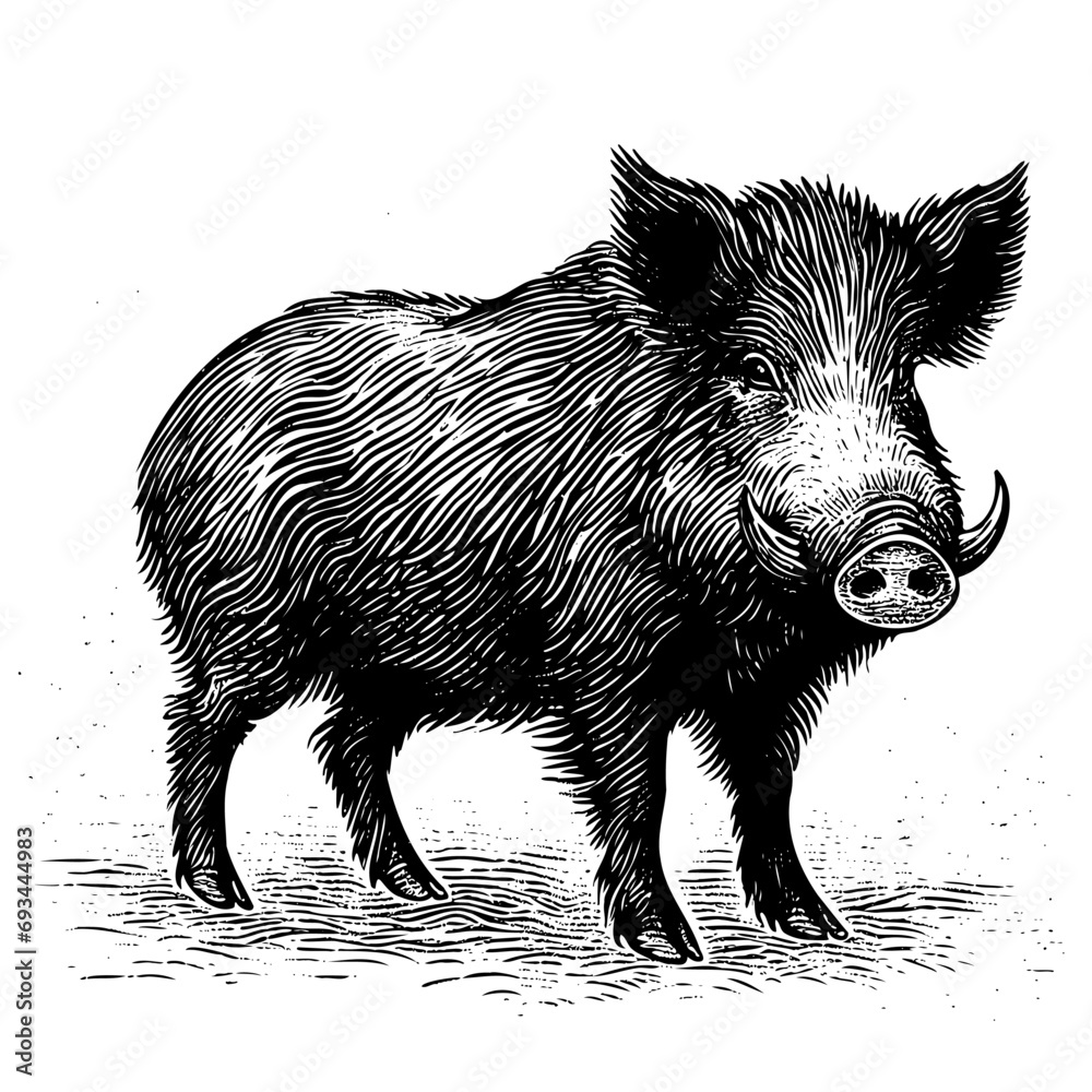 Wild boar, hand drawn sketch on isolated background. Vintage engraving ...