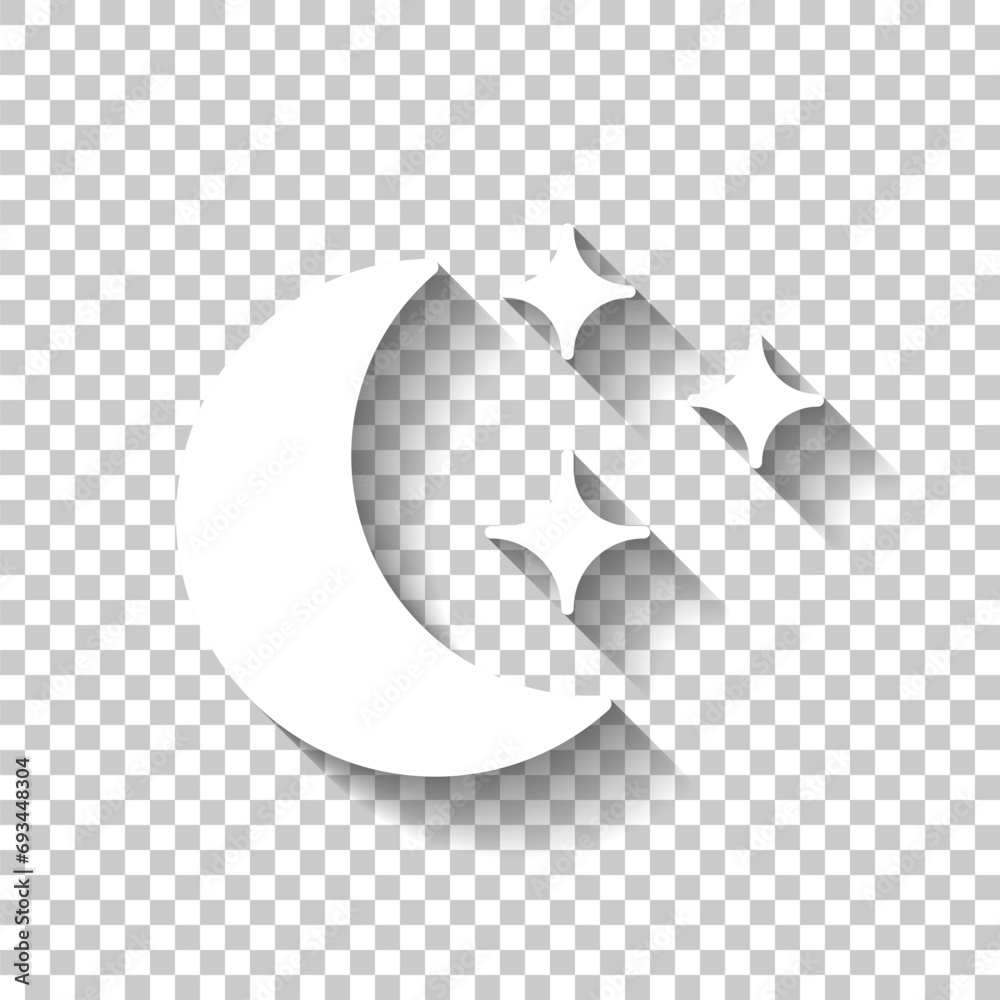 Half moon on night sky, simple icon. White icon with shadow on ...