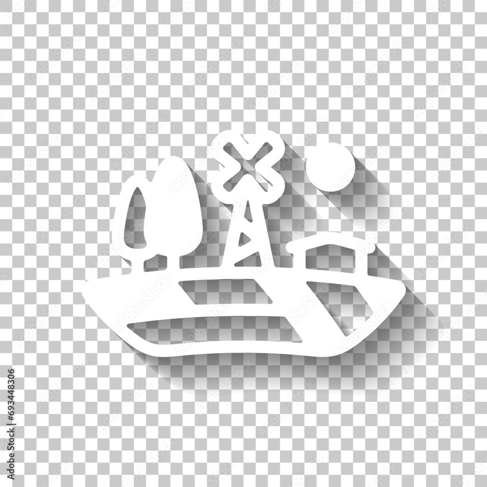 Farm house and field, organic product, simple icon. White icon with ...