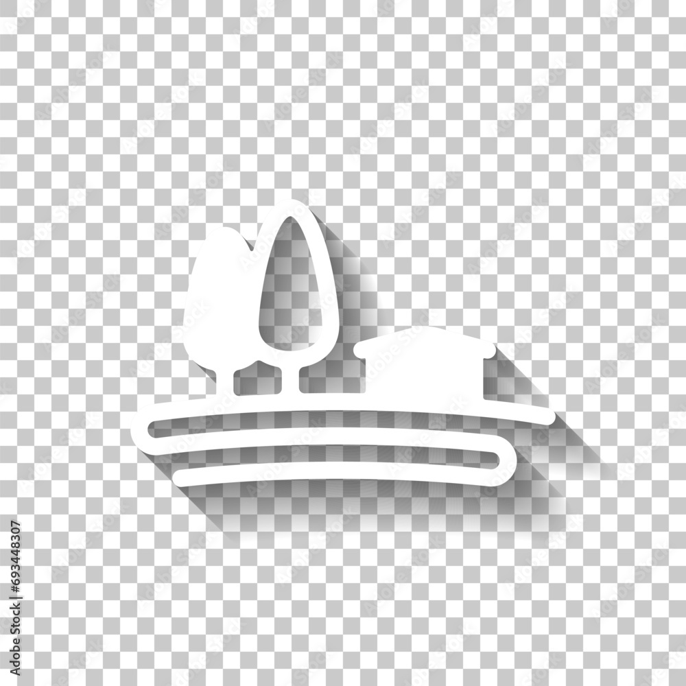 Farm house and field, organic product, simple icon. White icon with ...