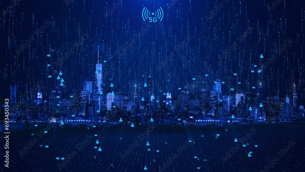 3D 4K Futuristic digital Smart city skyline. Big data, Artificial ...