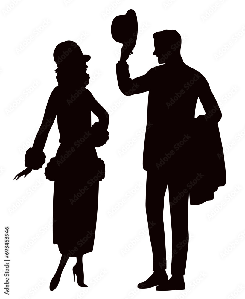 Profile silhouettes of young couple in 1920s where man tip his bowler ...
