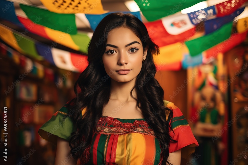 mestizo woman with asian traits wearing traditional dress for the festa ...