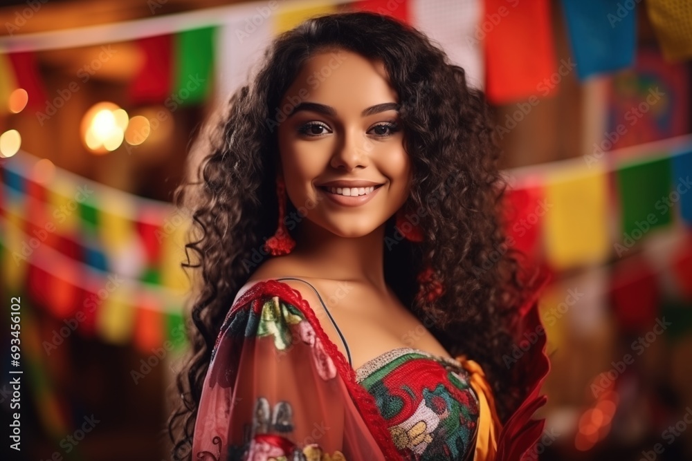 mestizo woman with asian traits wearing traditional dress for the festa ...