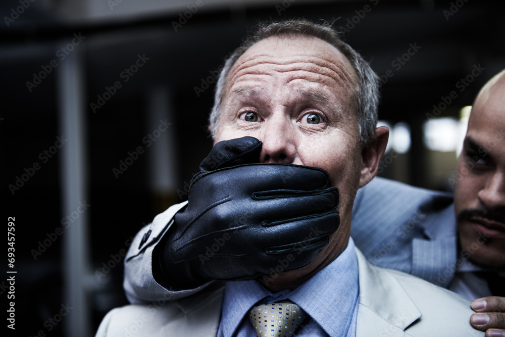 Man, business and kidnapping or hand on mouth or quiet abduction ...