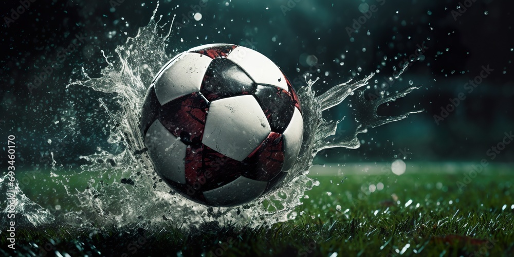 Image of a soccer ball making a splash in a puddle on the field ...