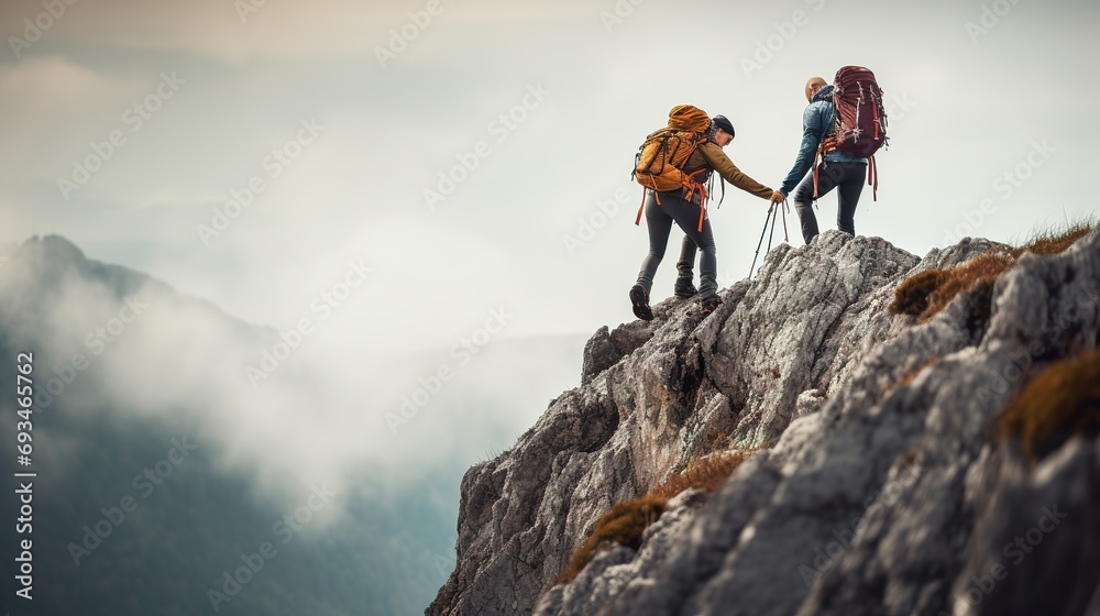 Silhouette People helping each other hikers climbing up mountain cliff ...