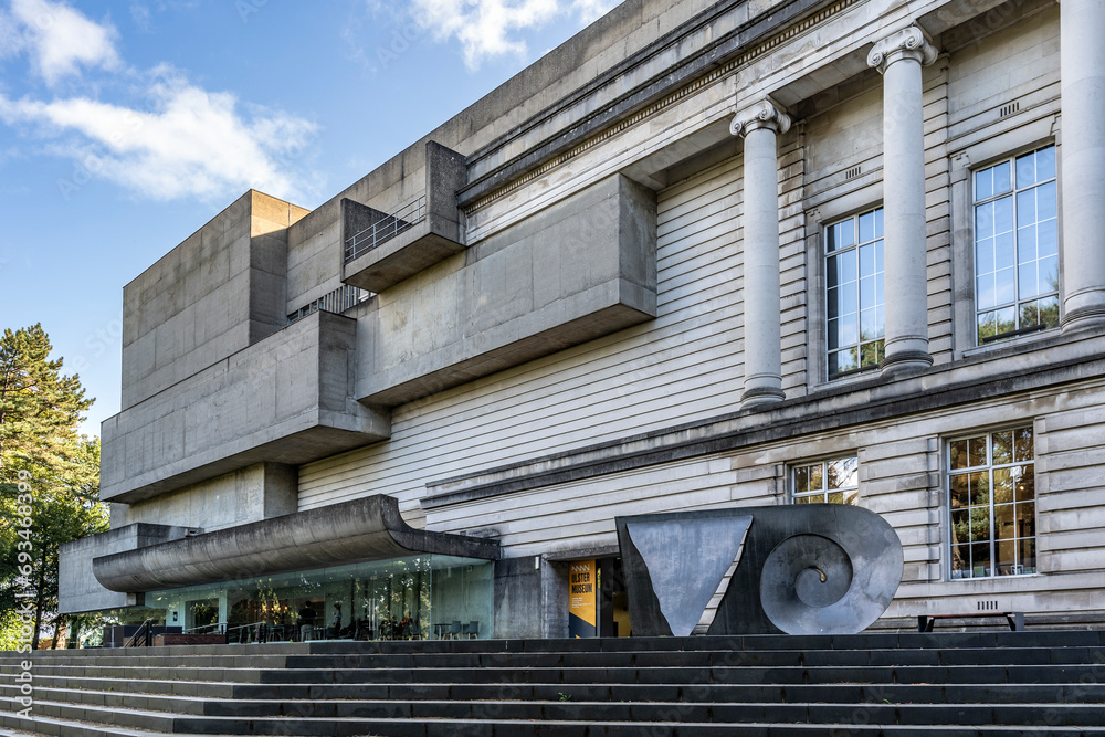 Brutalist façade of Ulster Museum, public display of fine art, applied ...