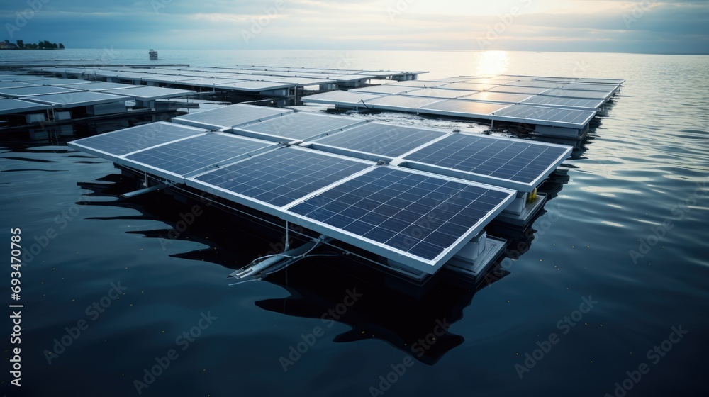 Floating Solar Panels. PV modules mounted on platforms that float on water reservoirs, lakes ...