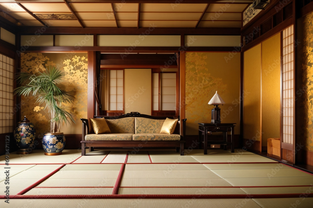 A vintage Japanese room, background. Traditional upper-class Japanese ...