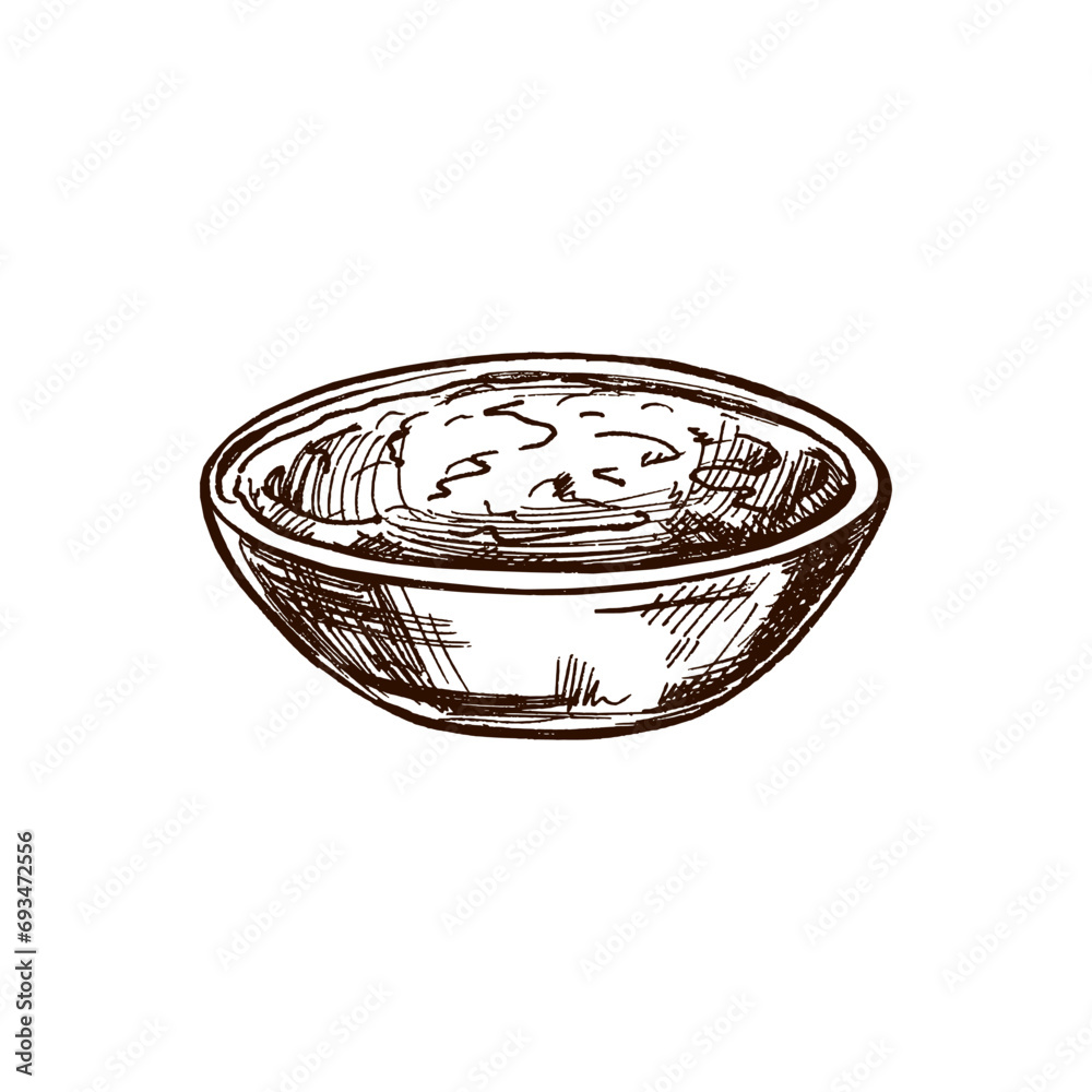 Hand-drawn sketch of bowl with guacamole, salsa sauce. Vintage drawing ...