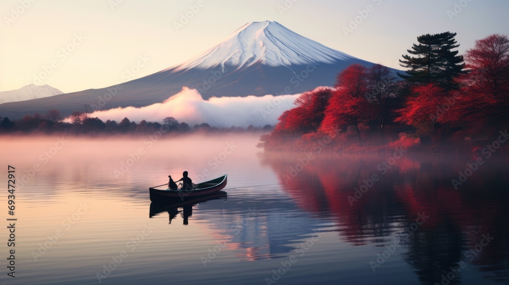 Sightseeing and mist-shrouded Mount Fuji and red Lake Guji are some of ...