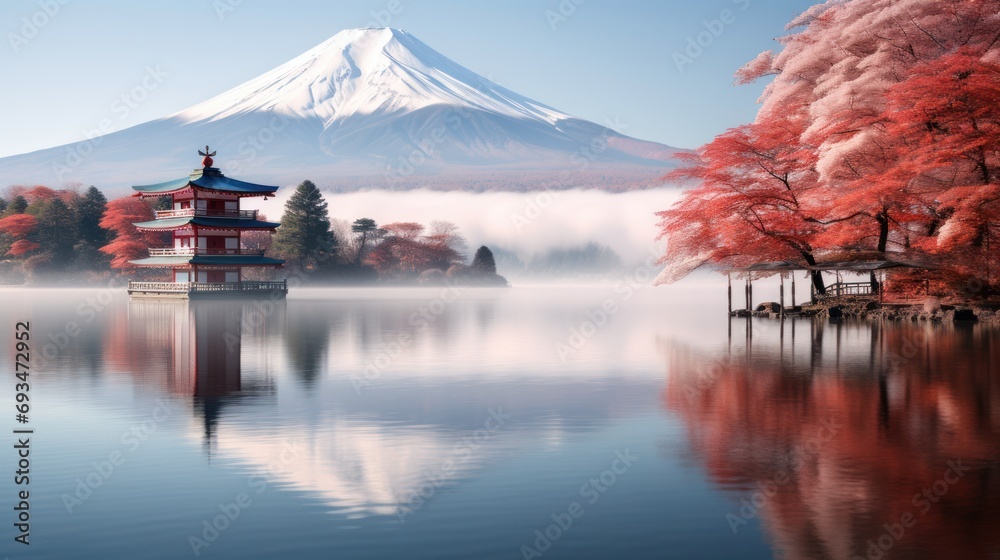 Foto de Sightseeing and mist-shrouded Mount Fuji and red Lake Guji are ...