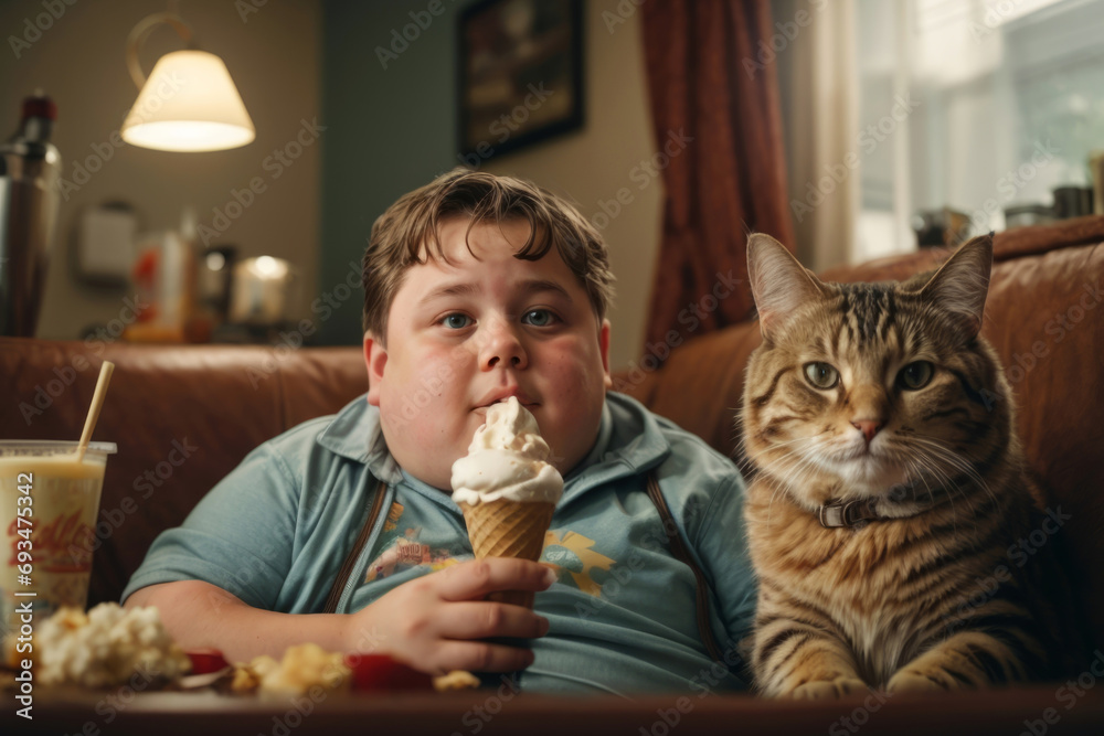 A fat kid who looks like Steve Buscemi is eating ice cream and watching ...