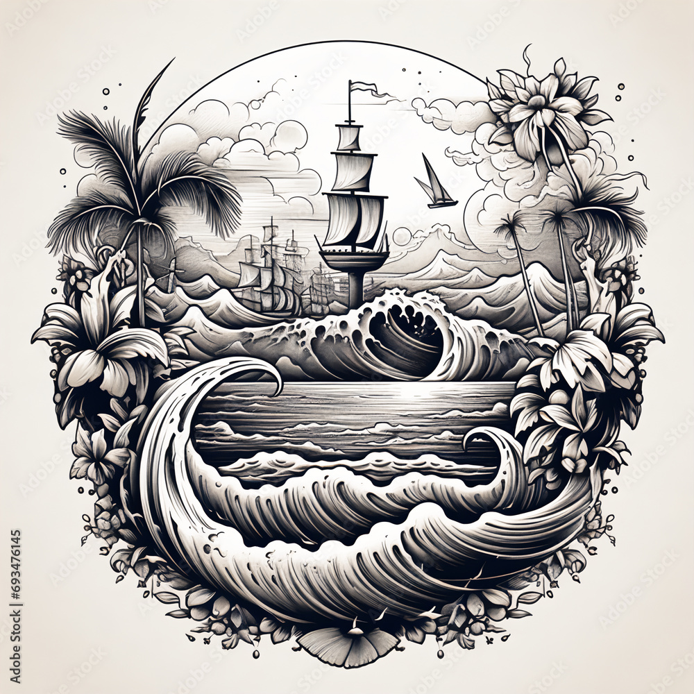 Tattoo-Inspired Island Illustration in Black and White with Bold Line ...