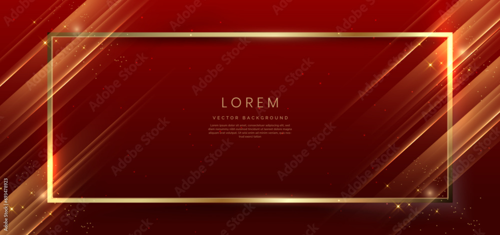 Abstract gold frame on red background with lighting effect and sparkle with copy space for text ...