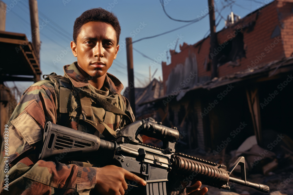 Portrait of a brave soldier, a young African-American in close-up in ...