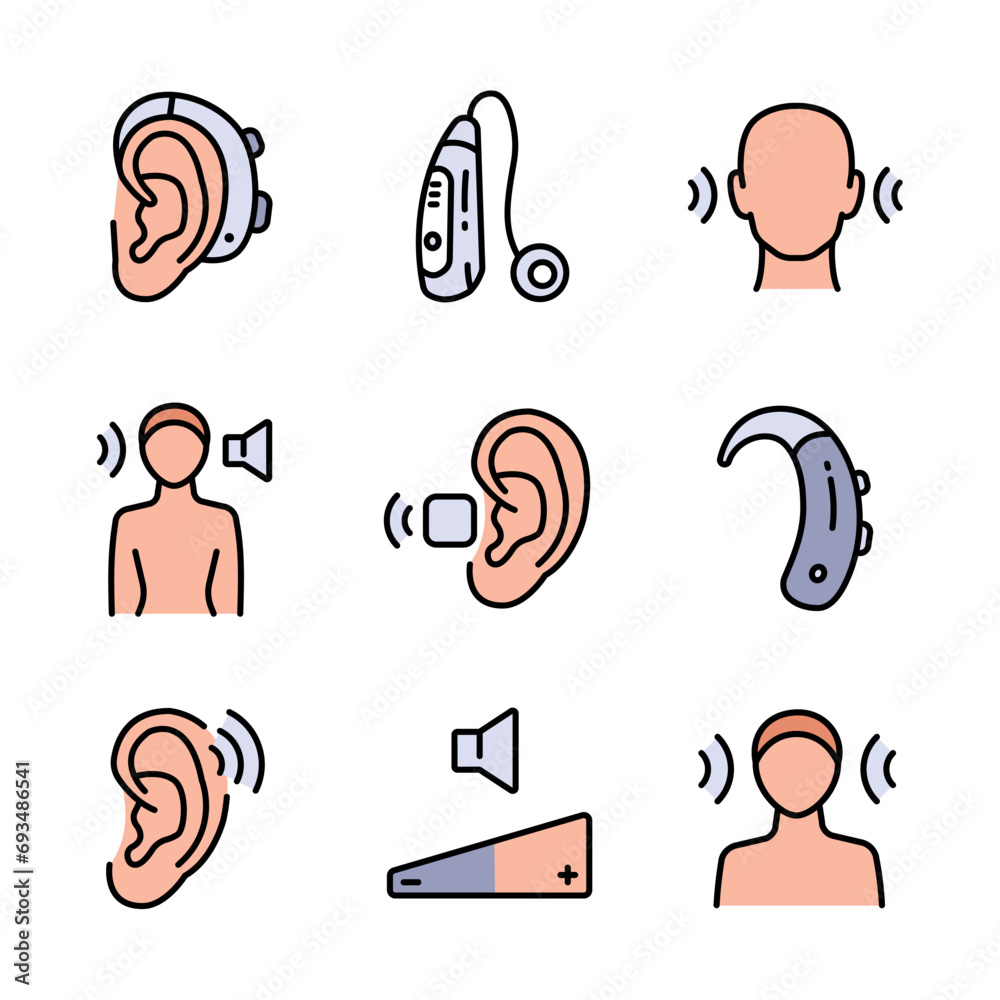 Hearing aid icons set. Volume booster for ears, for the deaf old and ...