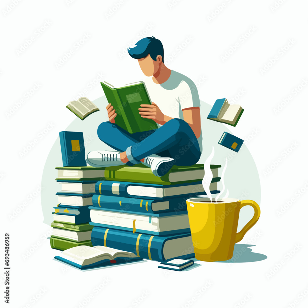 young boy reading a book vector illustration, World Education Day. Book ...