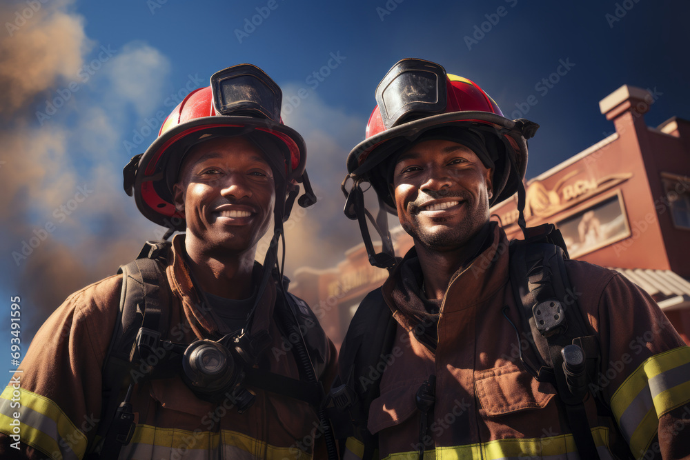Portrait of a crew of two firefighters on the background of a fire ...