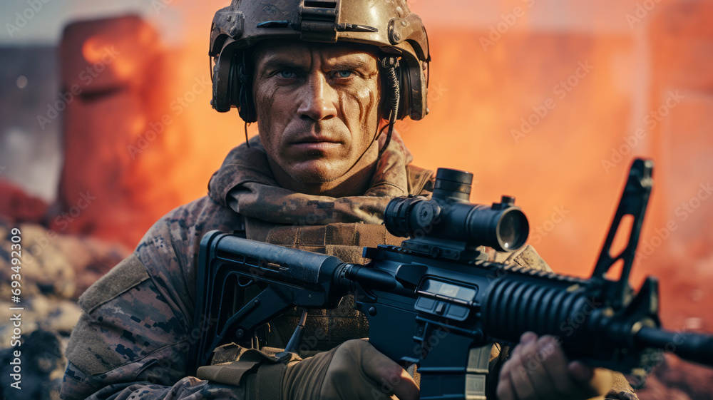 A close-up portrait of a brave soldier in protective combat uniform ...