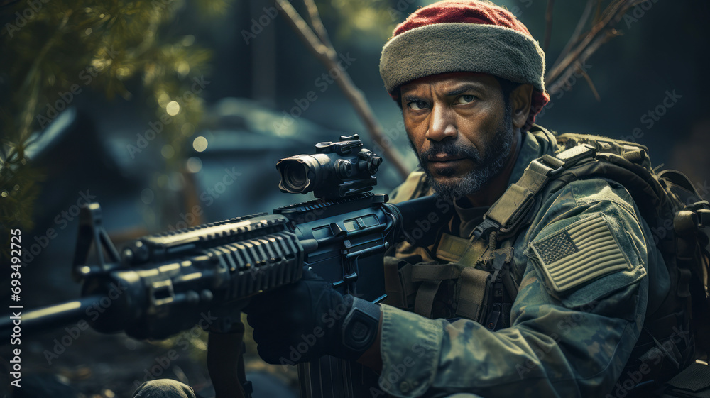 A close-up portrait of a brave soldier in protective combat uniform ...