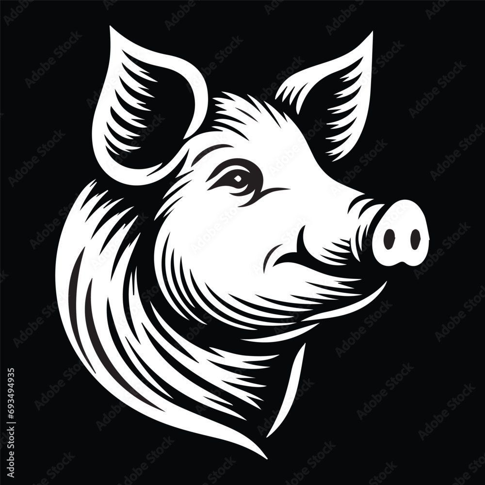 black and white illustration of a pig , Pig Head Illustration Logo ...