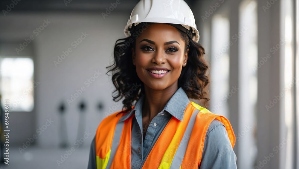 Black female construction site manager smiles in a safety vest and ...