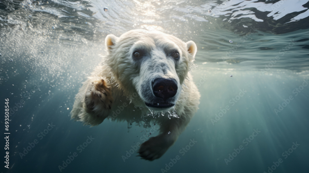 Polar bear jump into a water. Underwater photography. Animal dive into ...