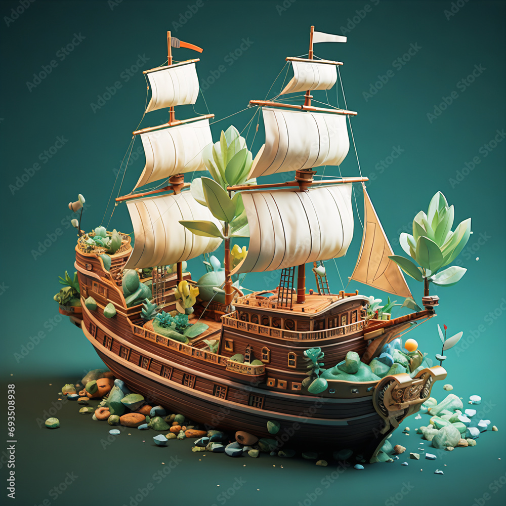 3D Clay-Rendered Ship with Vibrant Colors and Detailed Textures in Semi ...