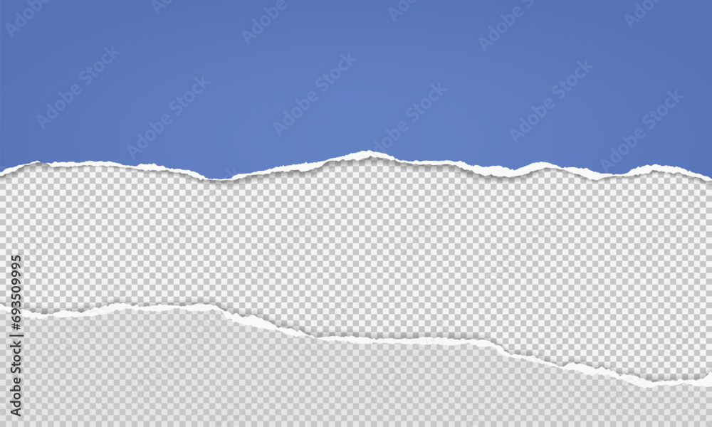 Torn, ripped blue and white paper strips with soft shadow are on ...