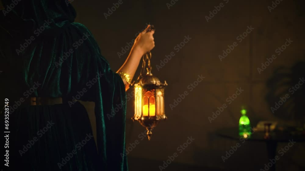 fantasy woman queen back rear view in dark room full smoke hand close ...