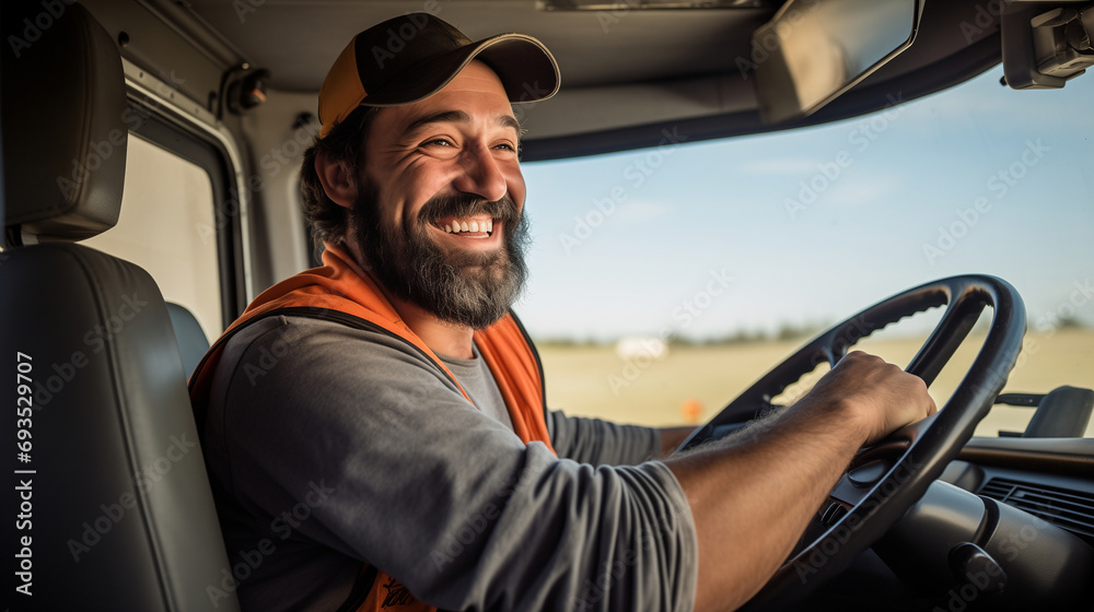 A cheerful driver sits in the cab of a modern truck enjoying the open ...