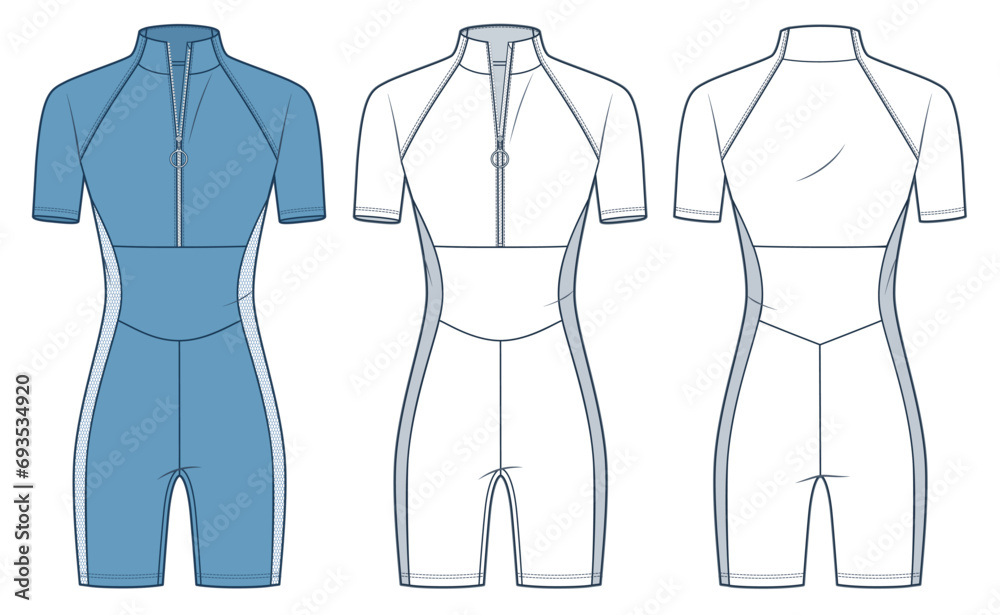 Sports Bodysuit with mesh trim technical fashion illustration. One ...