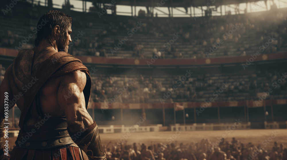 Muscular gladiator in the setting of a Roman circus within a colosseum ...