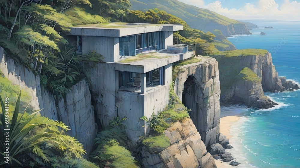 Cliffside Oasis Anime-Inspired Coastal Haven, Contemporary Grey ...